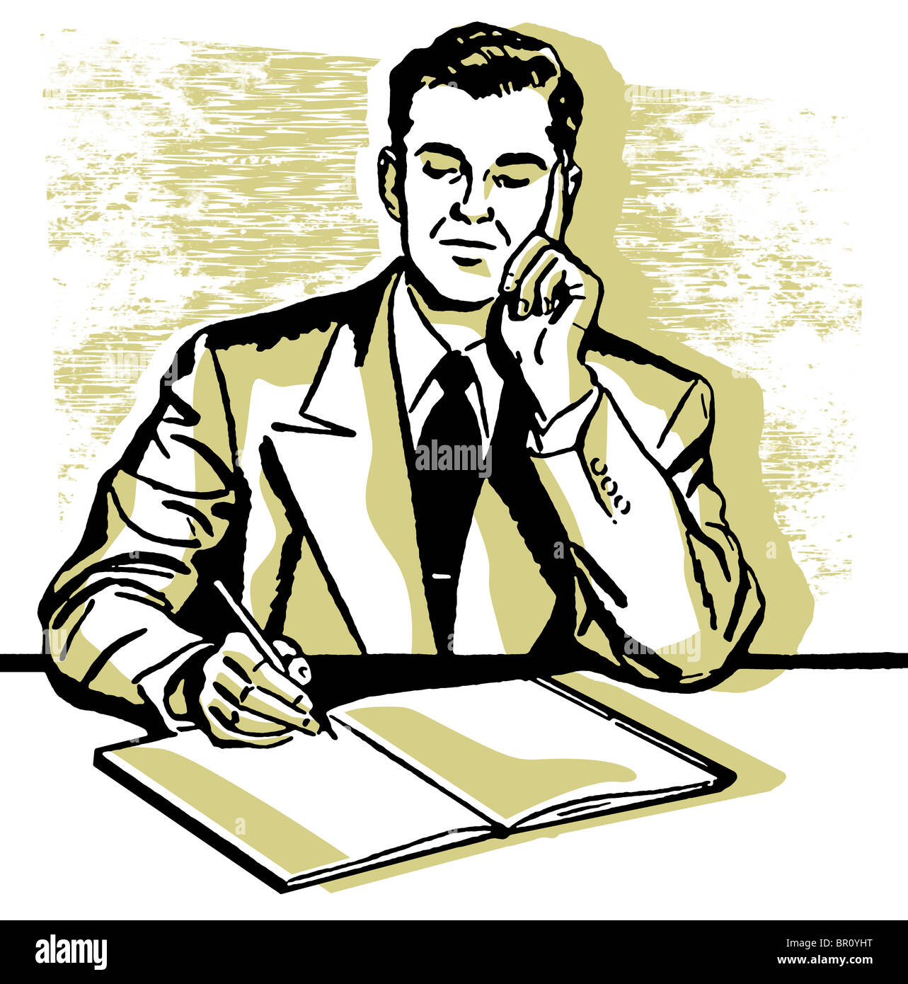 A graphic illustration of a business man working hard at his desk Stock ...