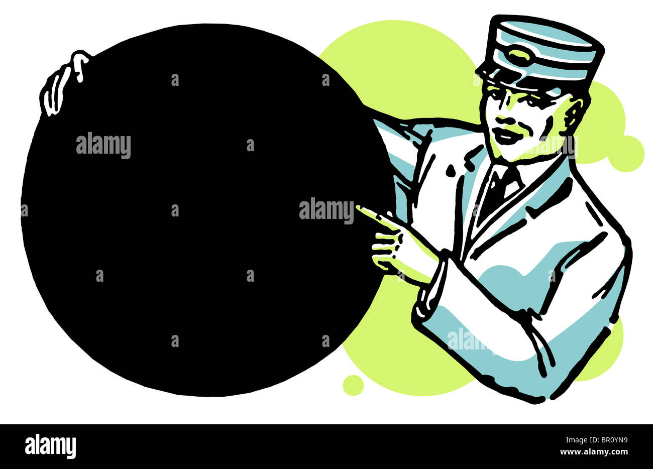 An illustration of a train conductor holding a round sign Stock Photo ...