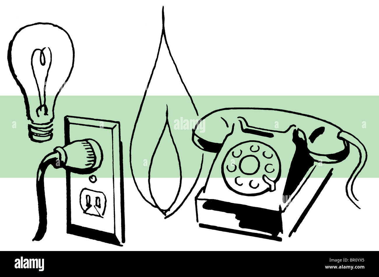 A grouping of line drawings of a light bulb, electricity socket, flame ...