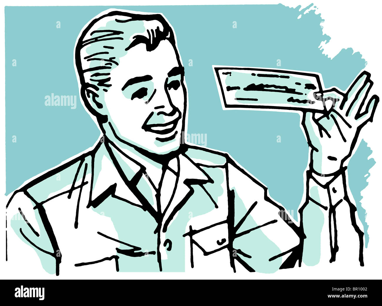 A happy looking man holding a check Stock Photo - Alamy