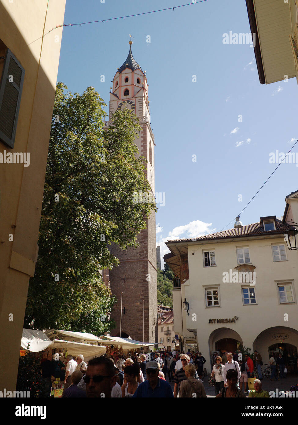 Cathedral of Saint Nicholas in the historic medieval town of Meran or ...