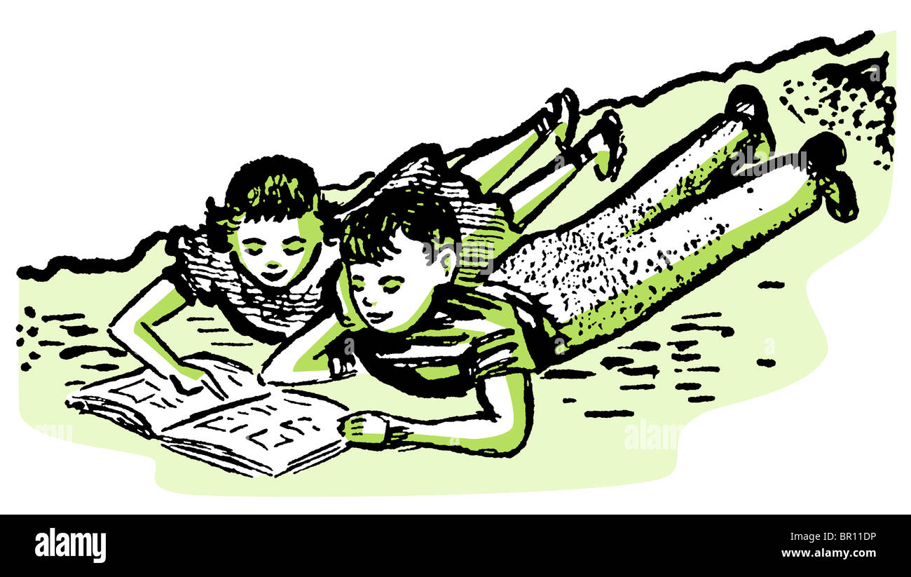 A vintage illustration of two children doing homework together Stock ...