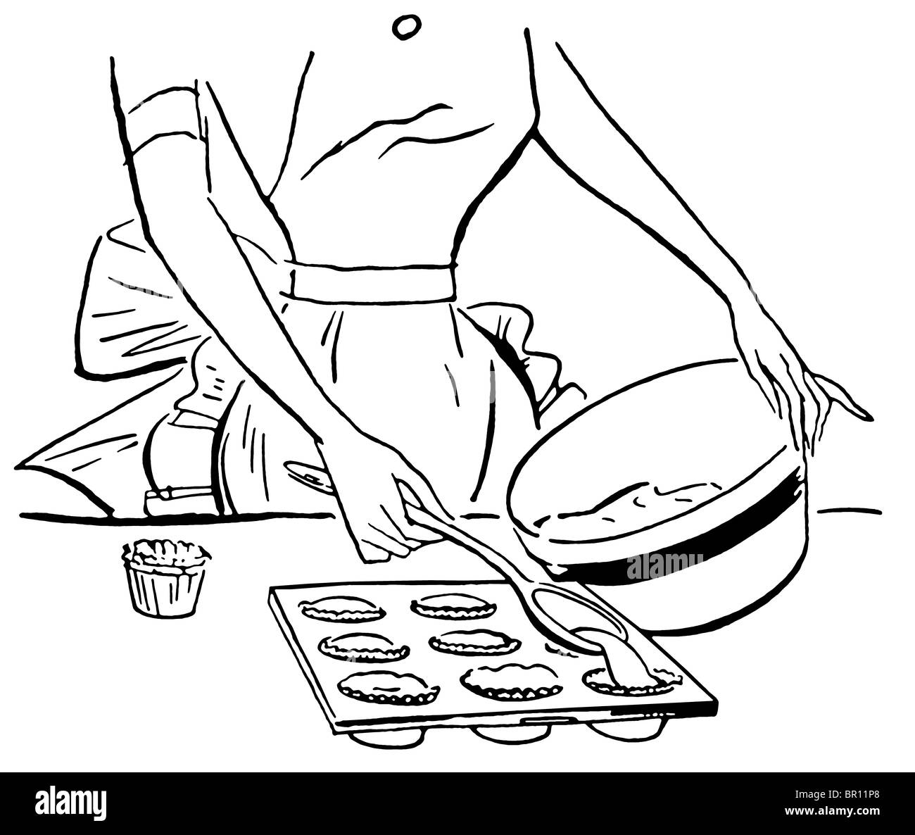 A black and white version of a vintage illustration of a woman baking ...