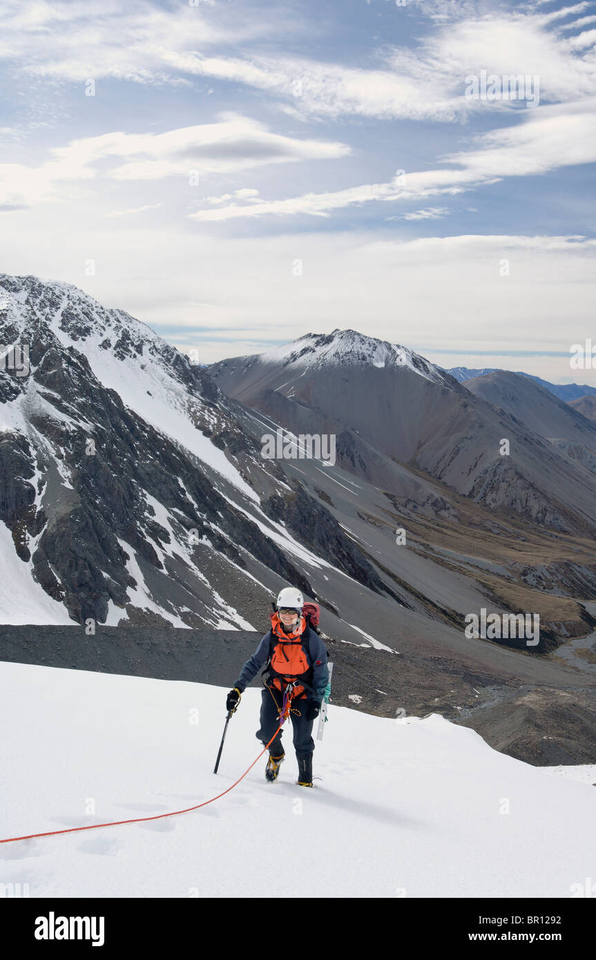 New Zealand, South Island, Arrowsmith Range. Lydia Ode mountaineering ...
