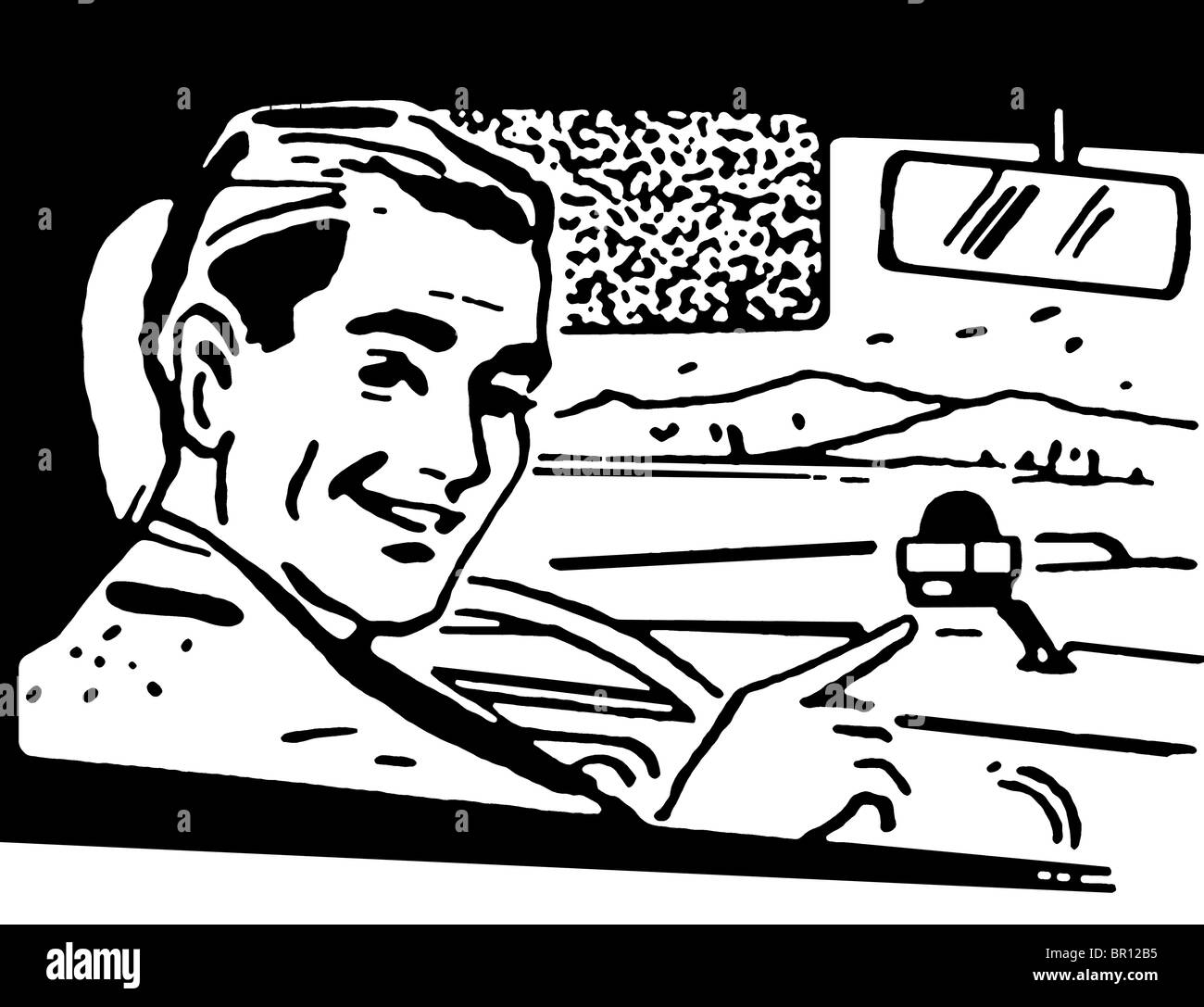 A black and white version of a vintage print of a man driving a car ...