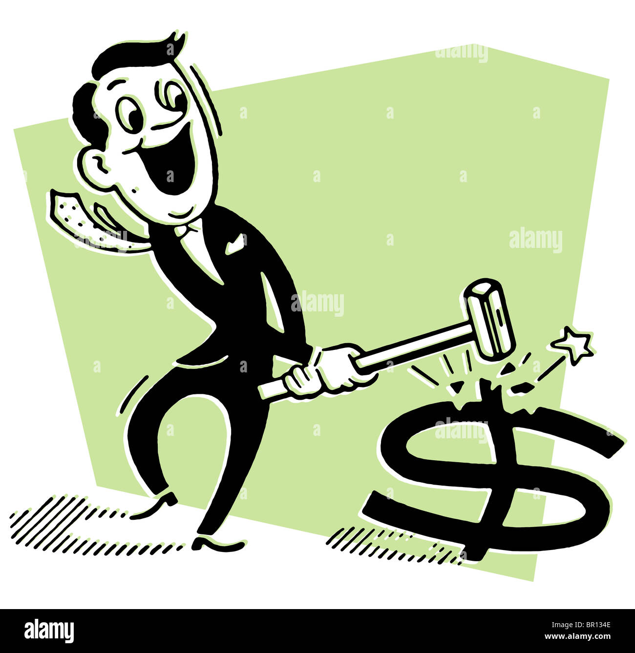 A cartoon style drawing of a businessman smashing a dollar symbol Stock ...