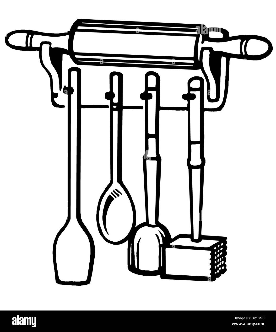 A black and white version of a gathering of kitchen utensils Stock ...