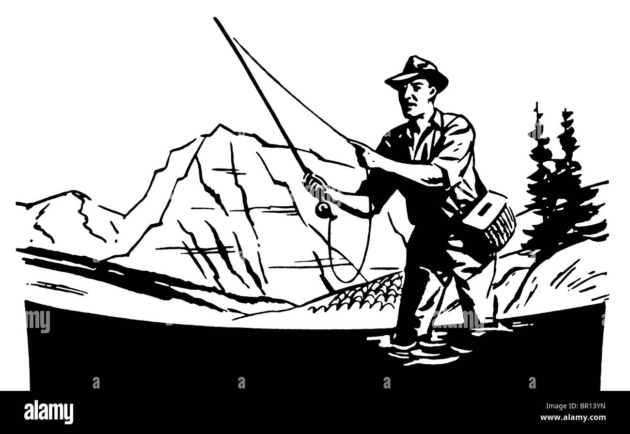 A black and white version of a vintage image of a man fishing Stock ...