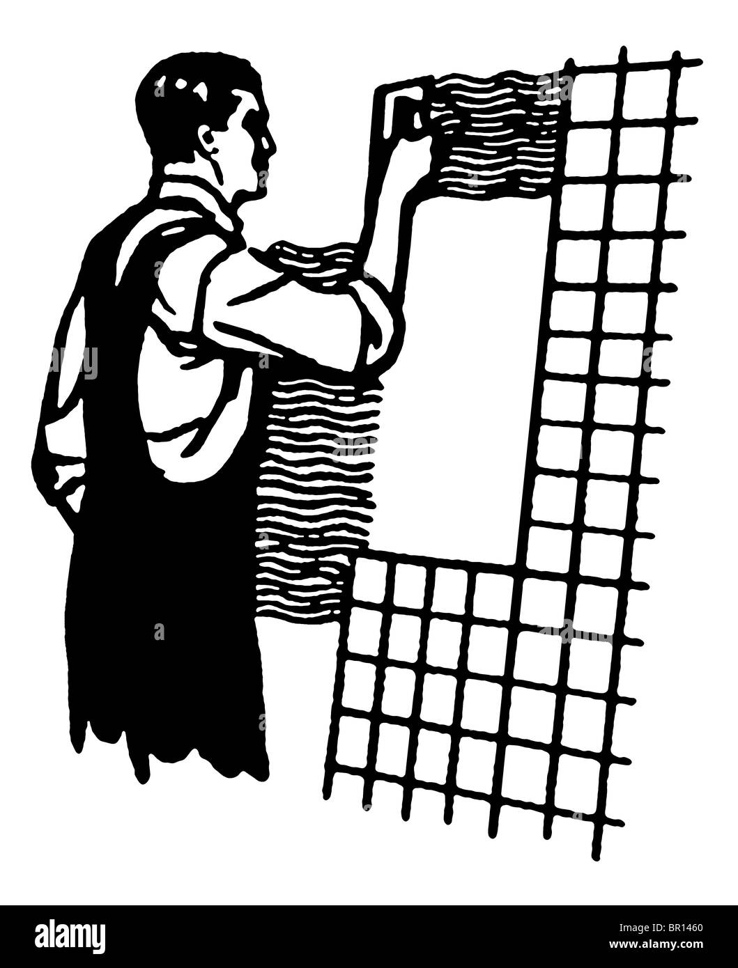 A black and white version of a vintage illustration of a man tiling ...