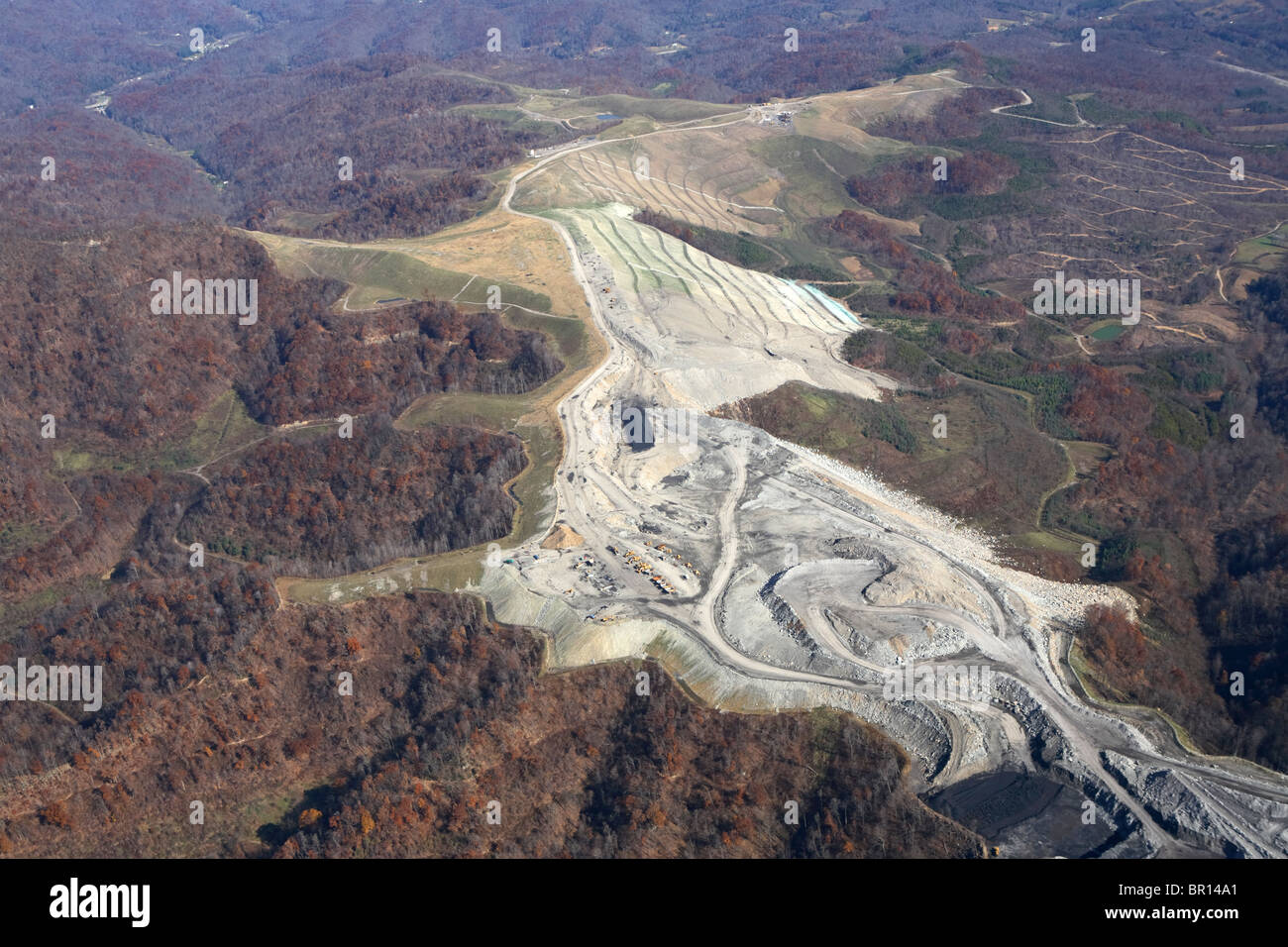 Aerial view of a mountaintop removal coal mining operation near Kayford ...
