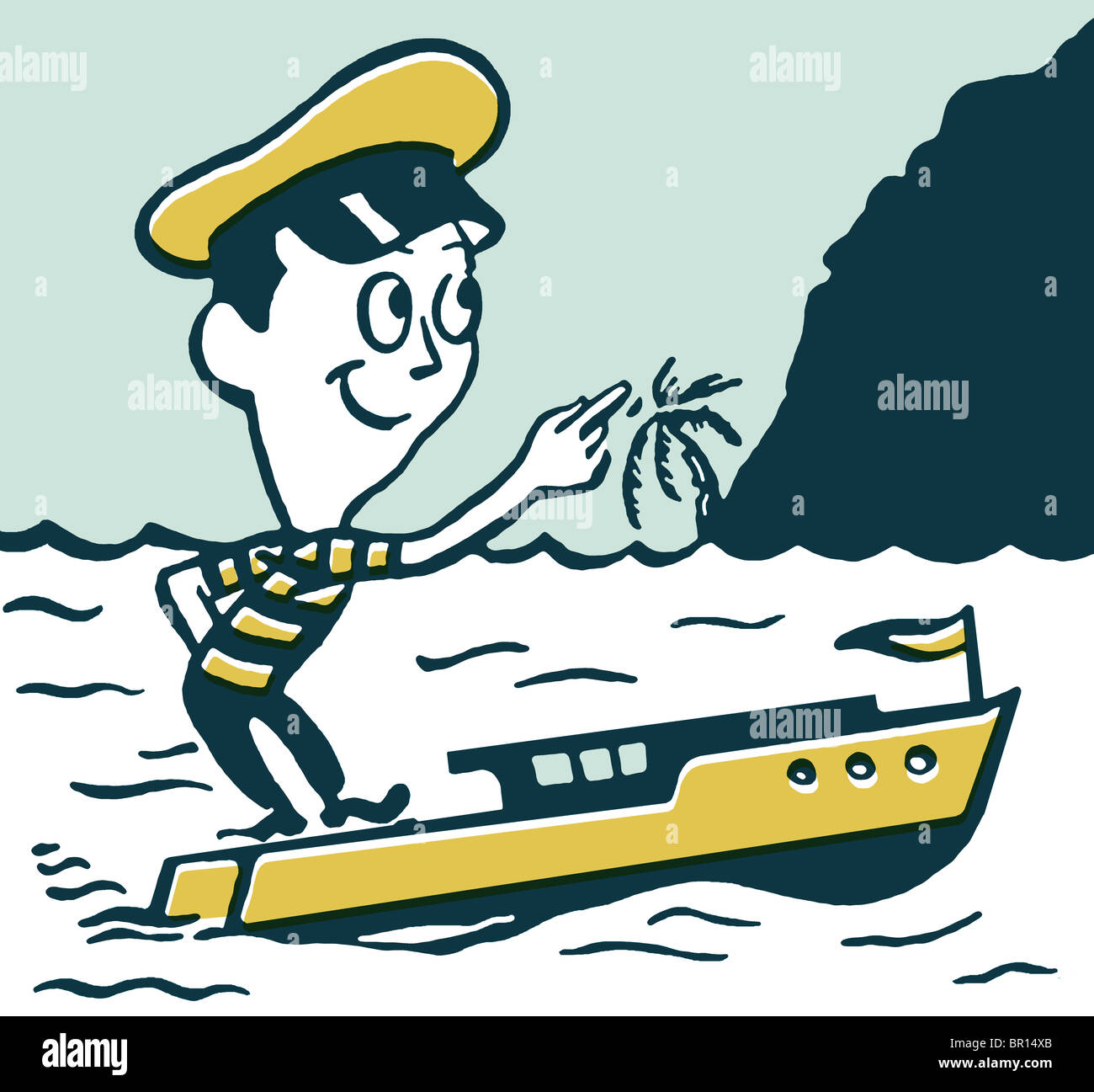 A cartoon style vintage illustration of a small man in a boat Stock ...