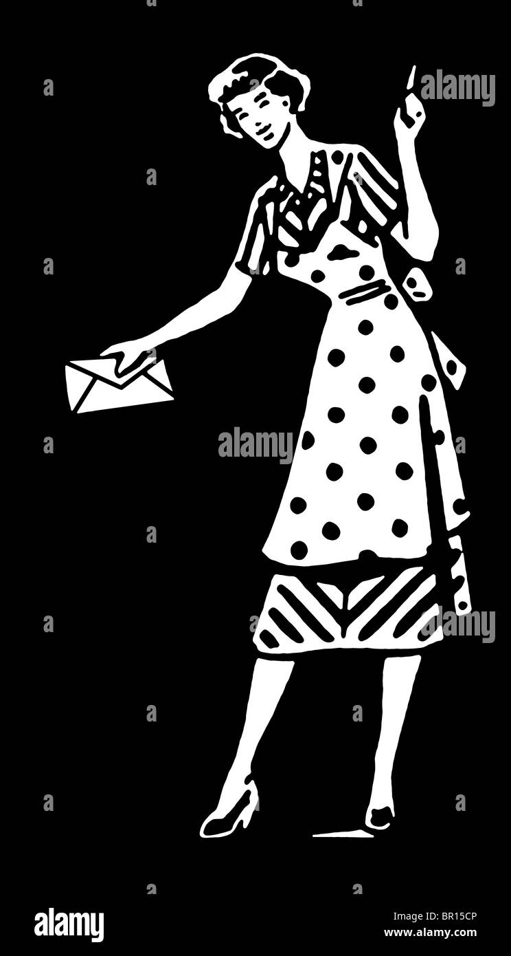 A black and white version of a vintage illustration of a woman pointing ...