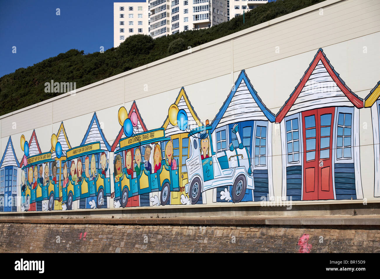 Painting of the Bournemouth land train going past the beach huts on the ...