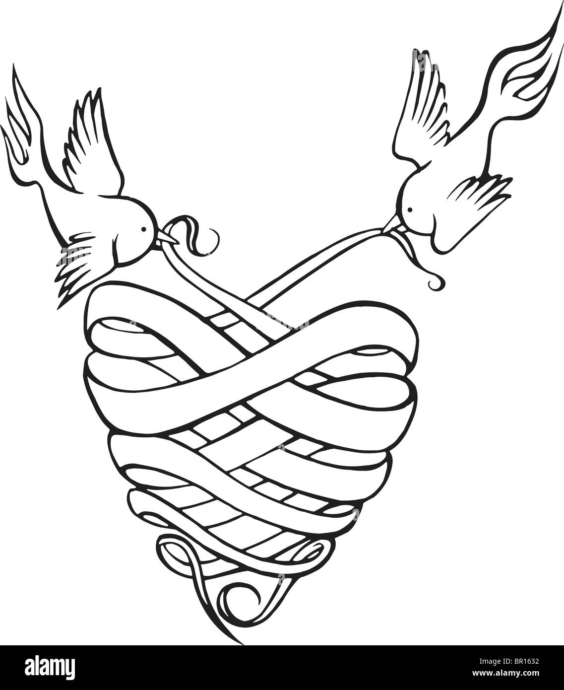 A black and white version of two birds holding cloth in the shape of a ...