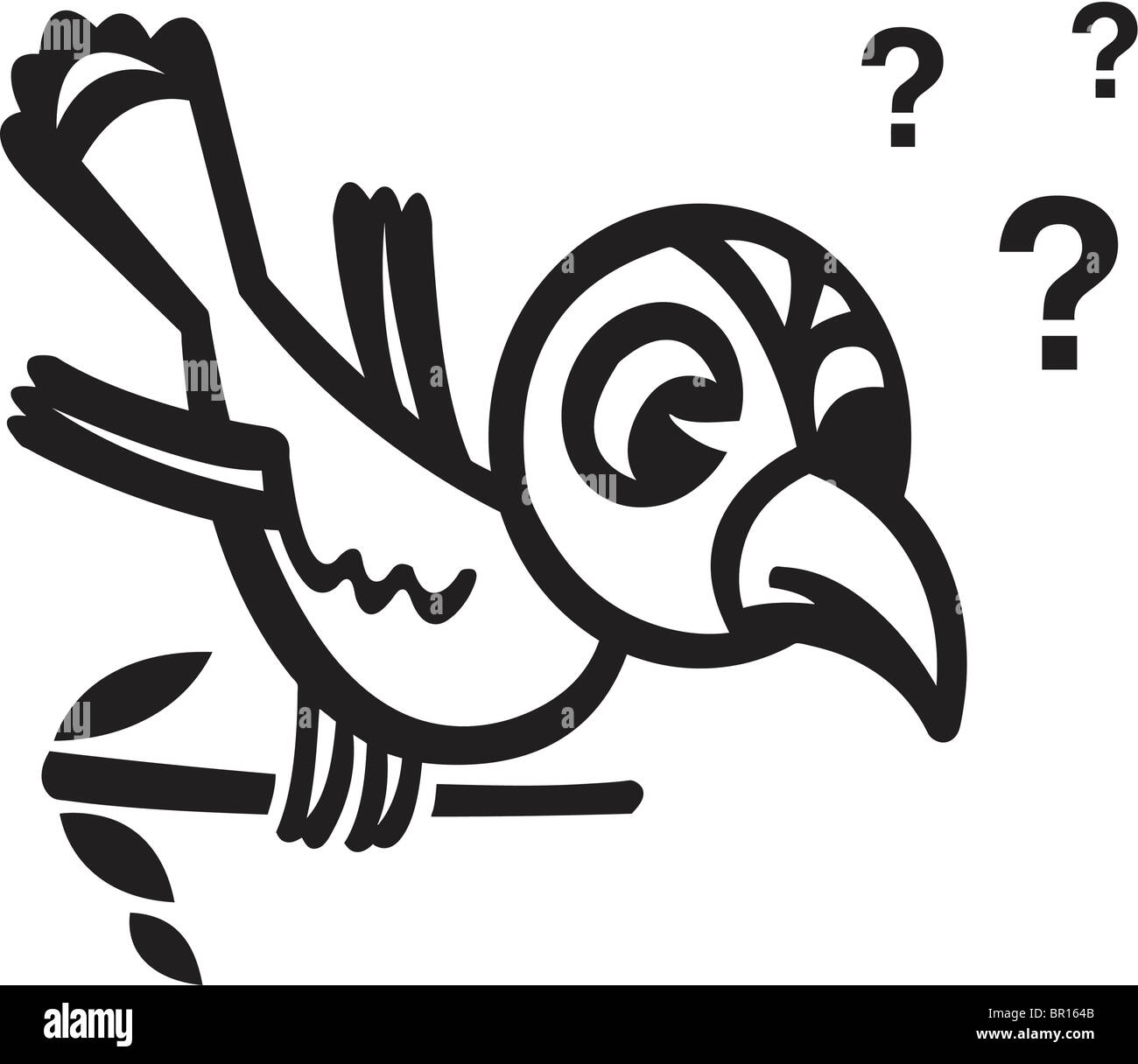 A black and white version of a bird sitting on a branch with question ...