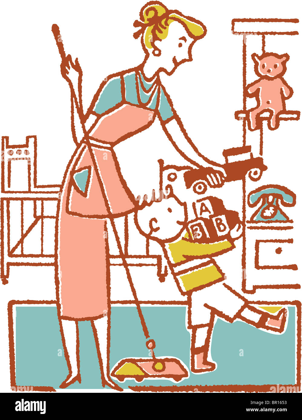 Woman and boy tidying room Stock Photo - Alamy