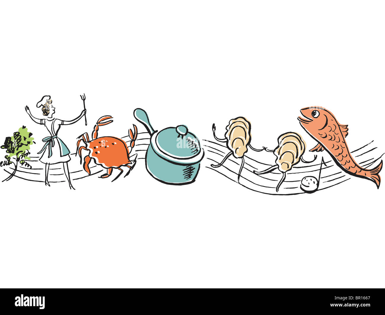 Chorus line of fresh food and chef Stock Photo - Alamy
