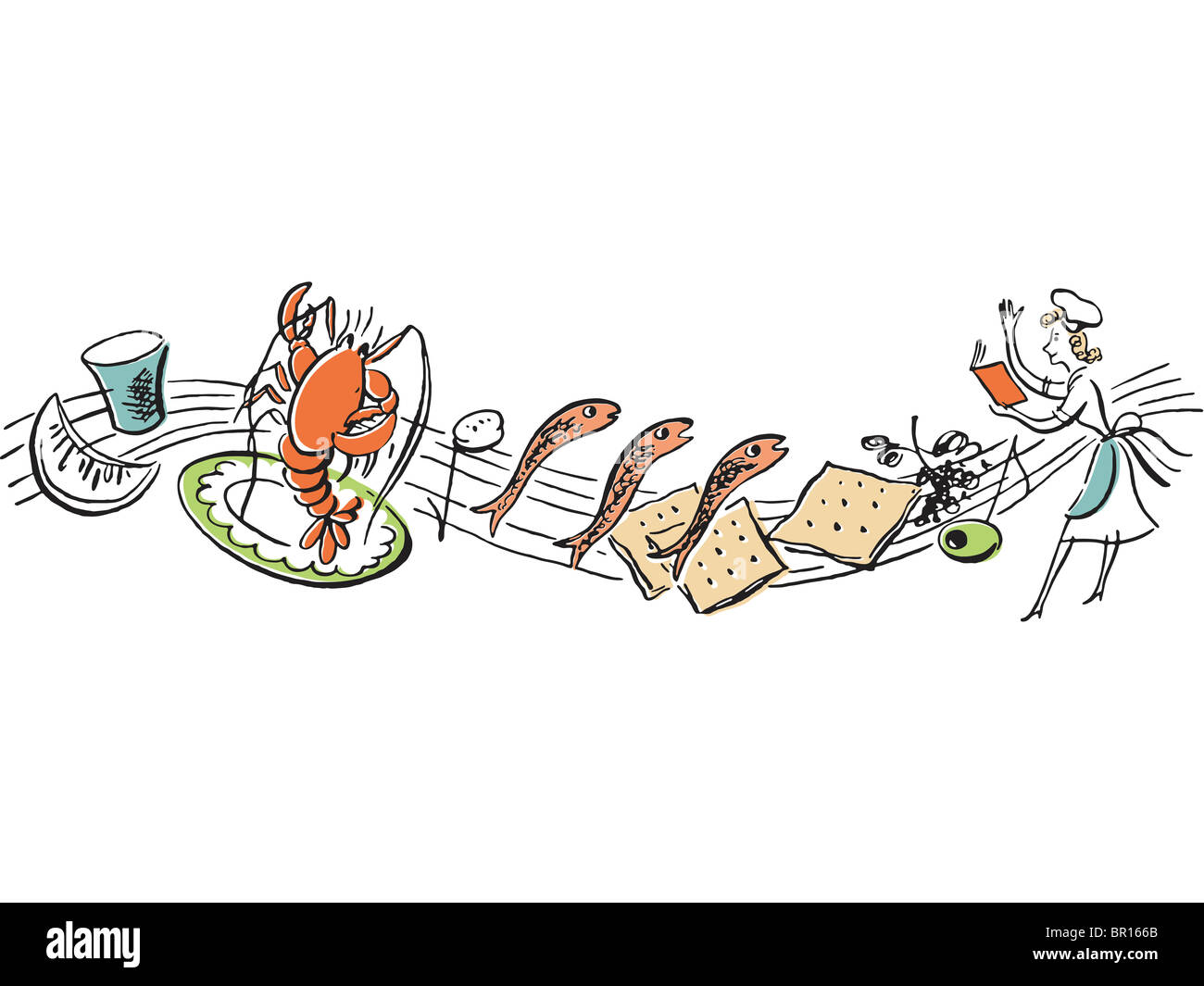 Chorus line of fresh seafood and chef Stock Photo - Alamy