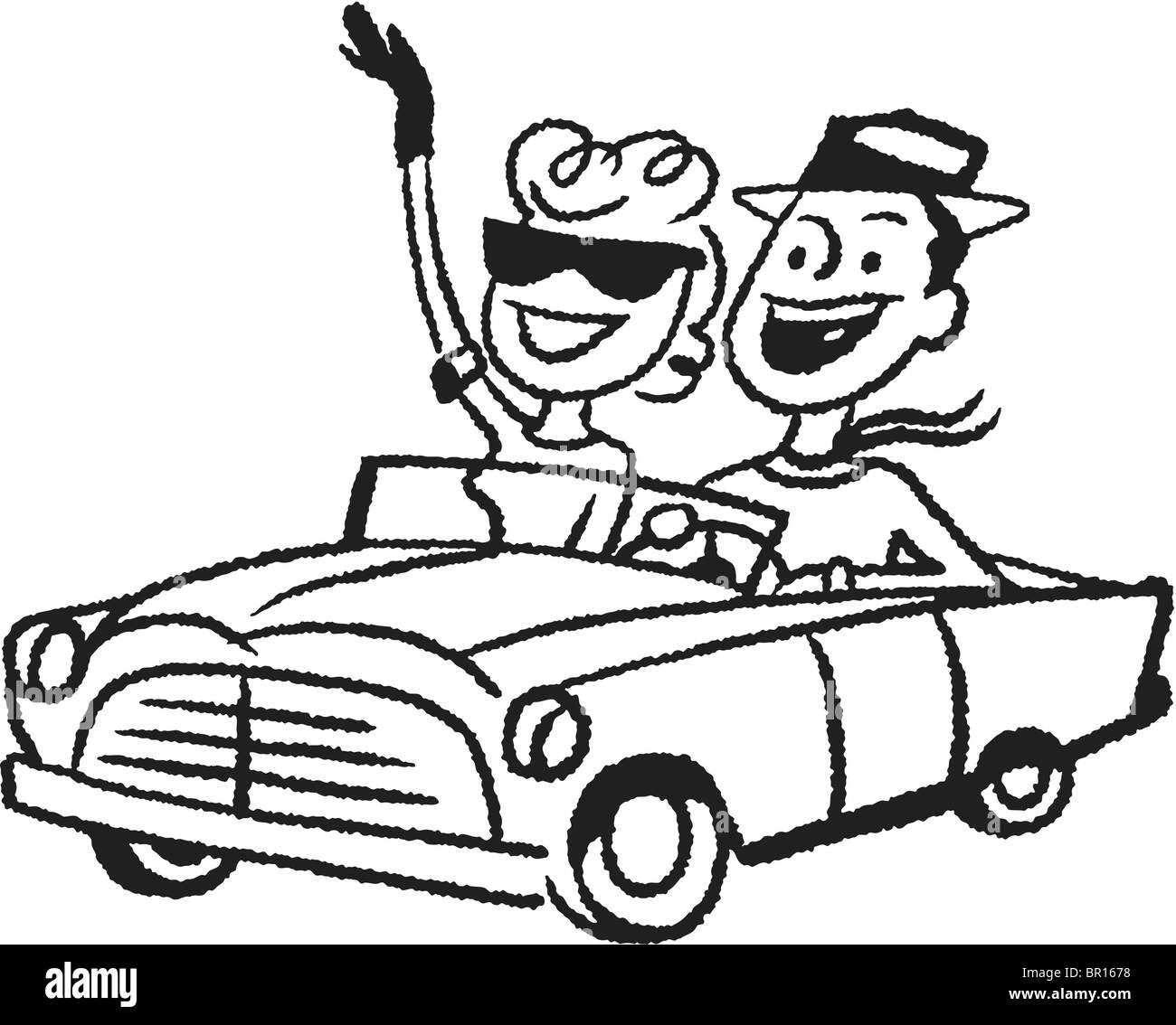 A black and white version of a couple driving in a convertible car ...