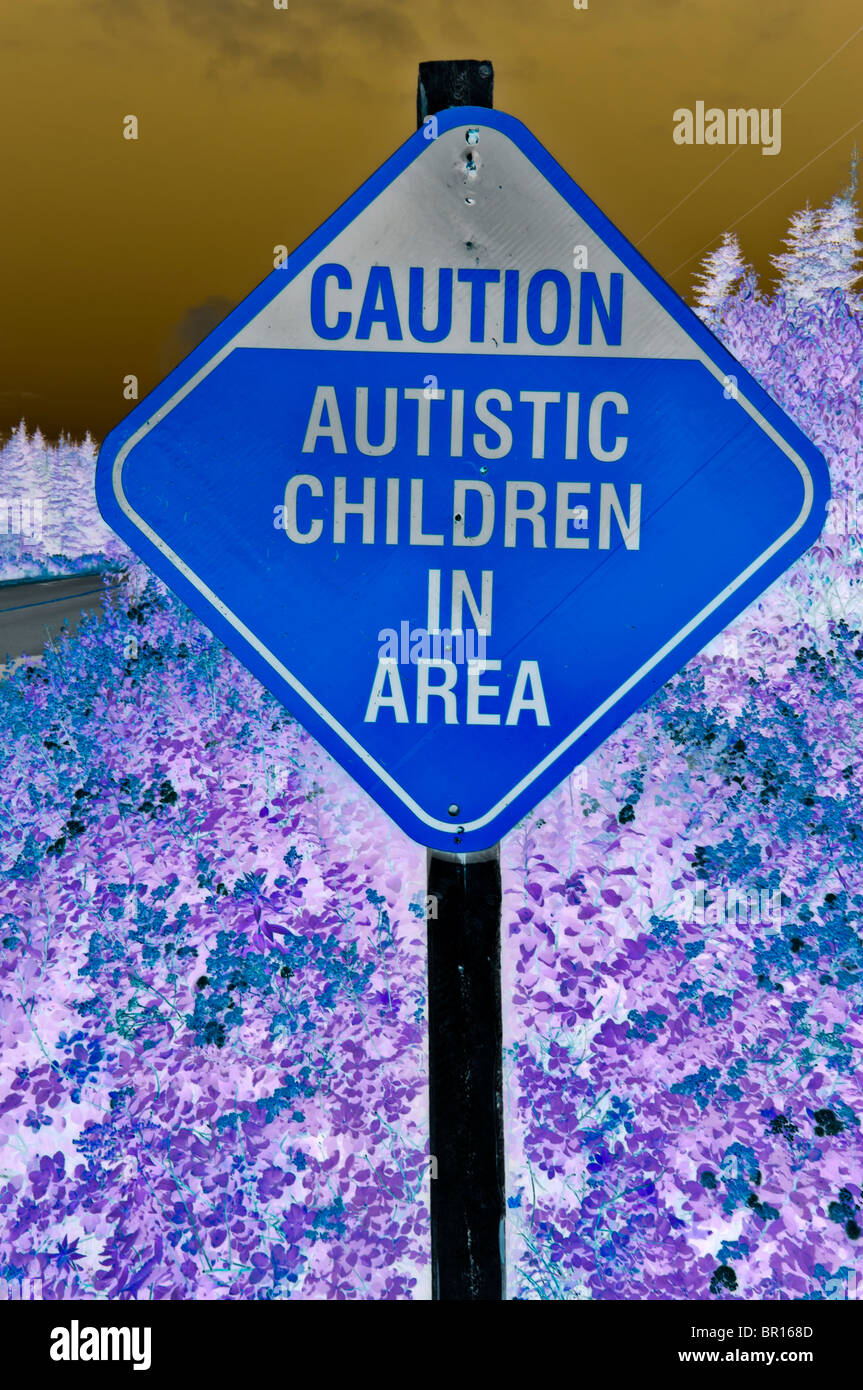 Caution Autistic Children in Area, road sign, Elliston, Newfoundland ...