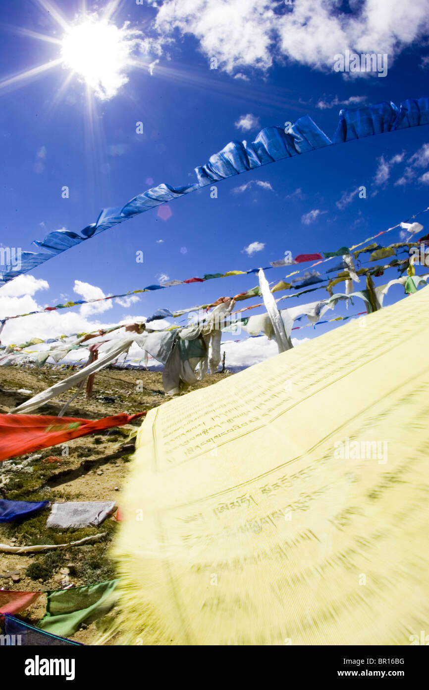 Prayer flags blowing in wind, Tibet Stock Photo - Alamy