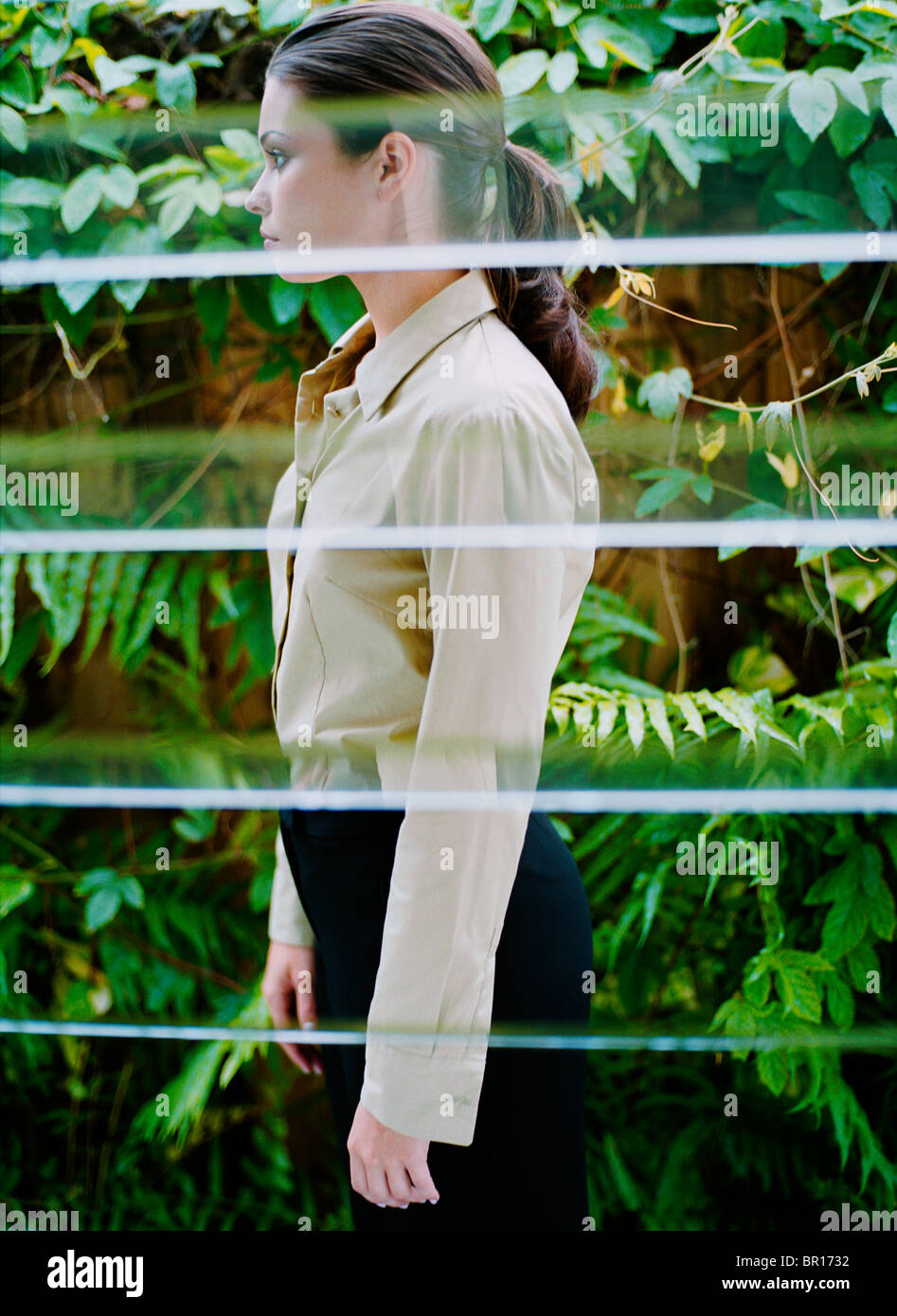 Woman behind window in greenhouse Stock Photo - Alamy