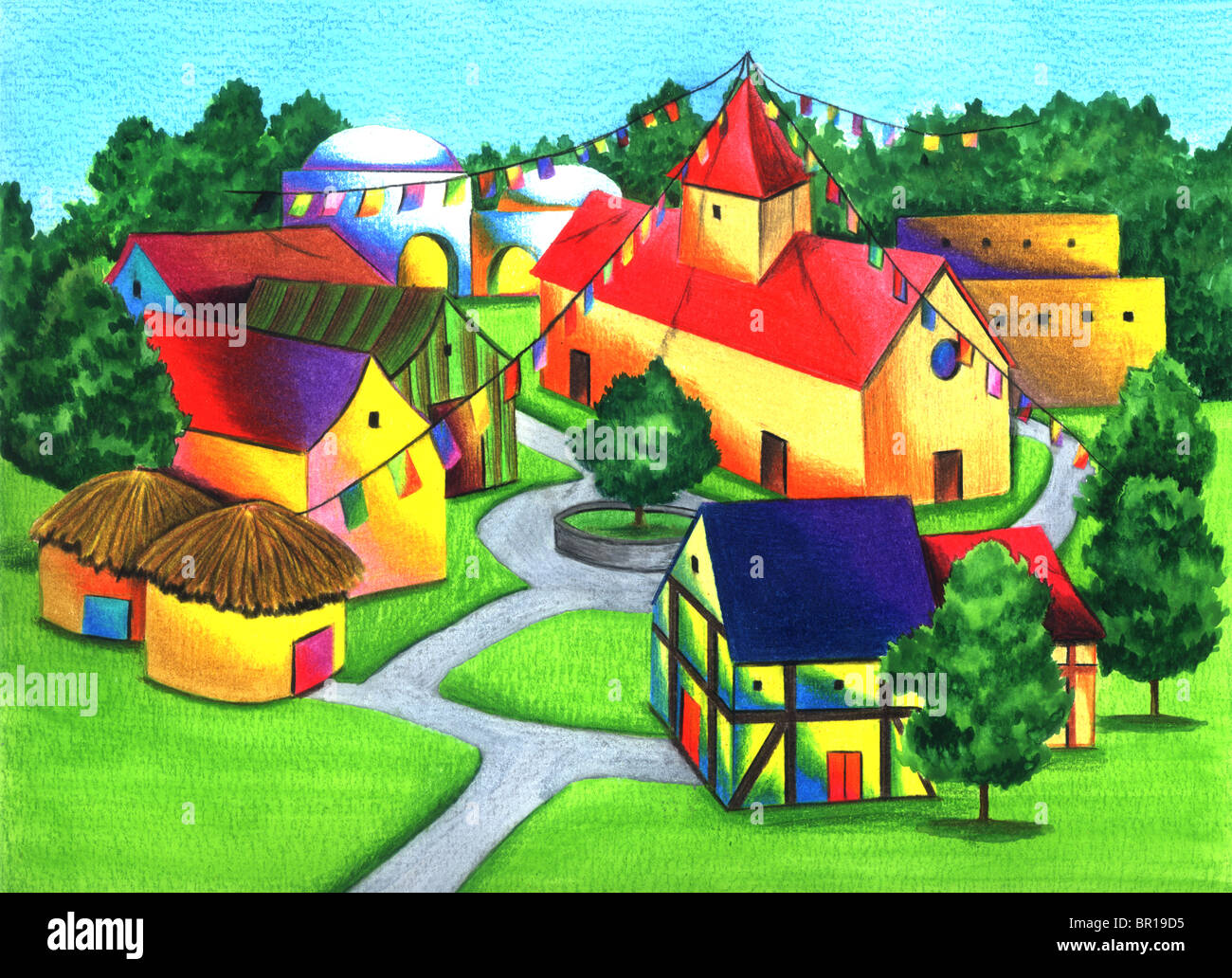 Illustration of buildings in a community Stock Photo - Alamy