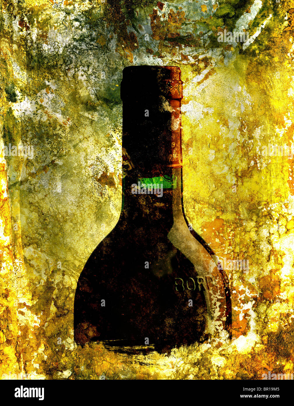 Dark glass bottle surrounded by an abstract colorful background ...