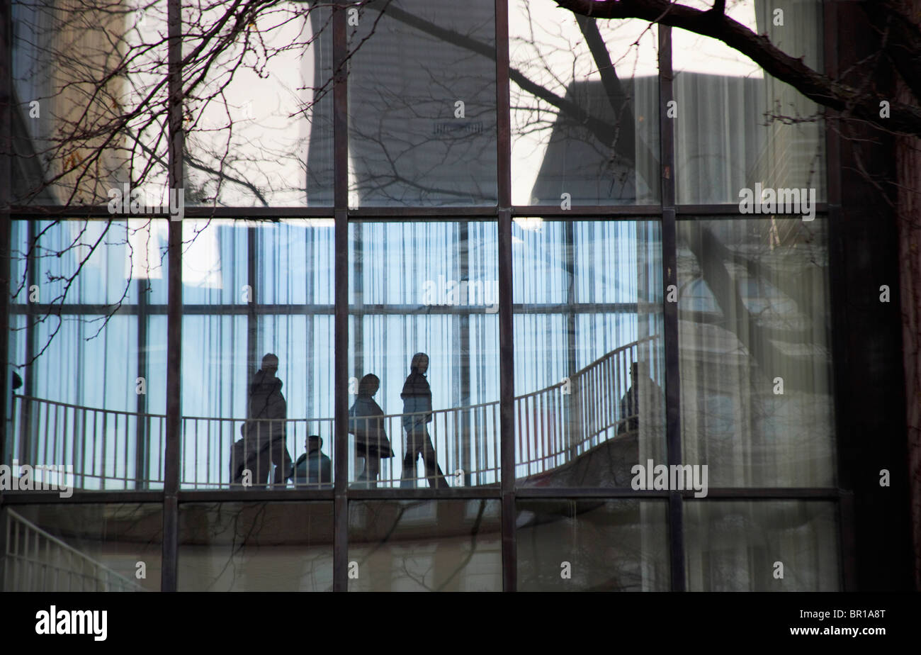 Silhouette of people walking across glass covered walkway Stock Photo ...