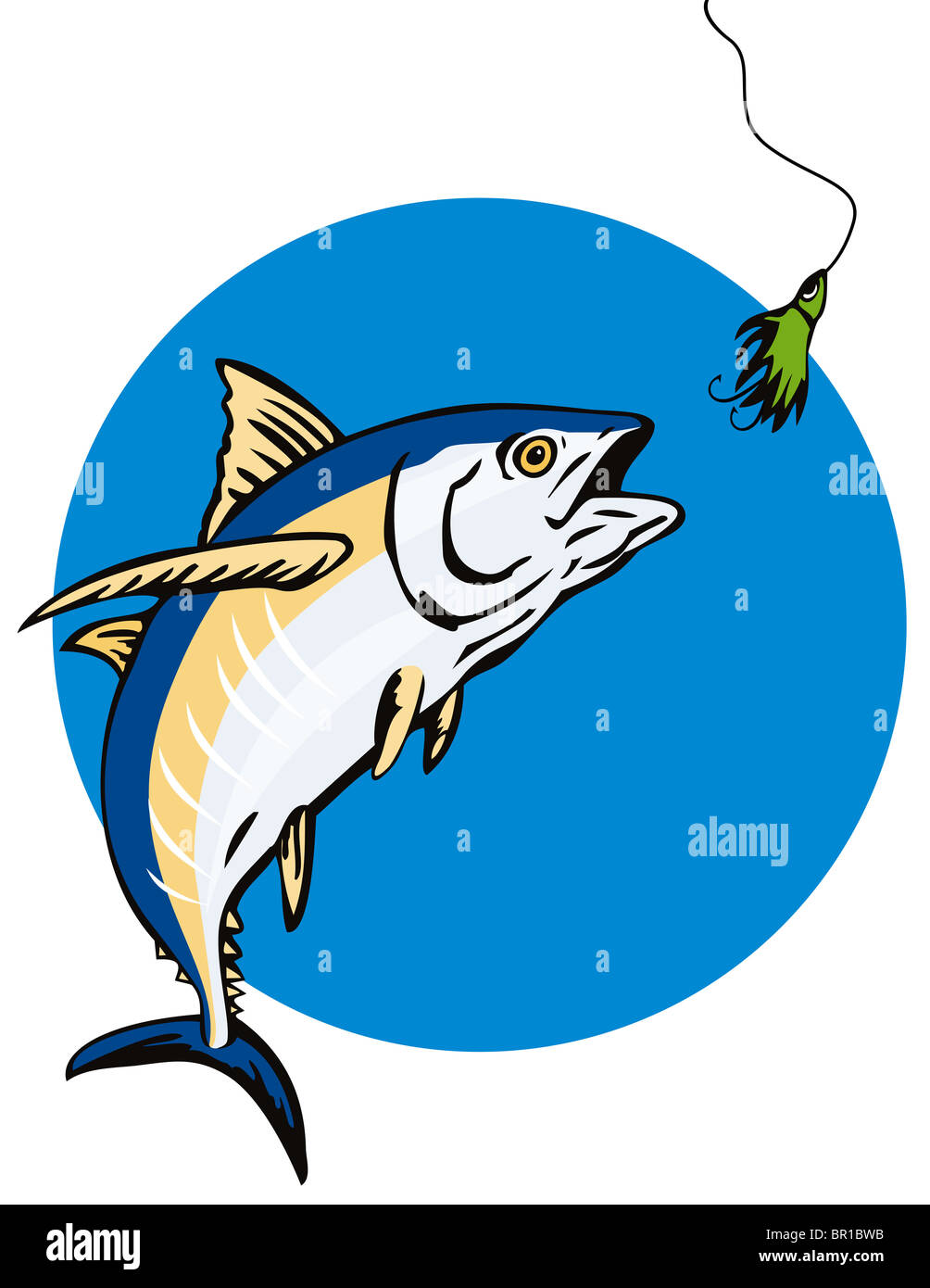 retro style illustration of a bluefin or blue fin tuna fish catching a ...