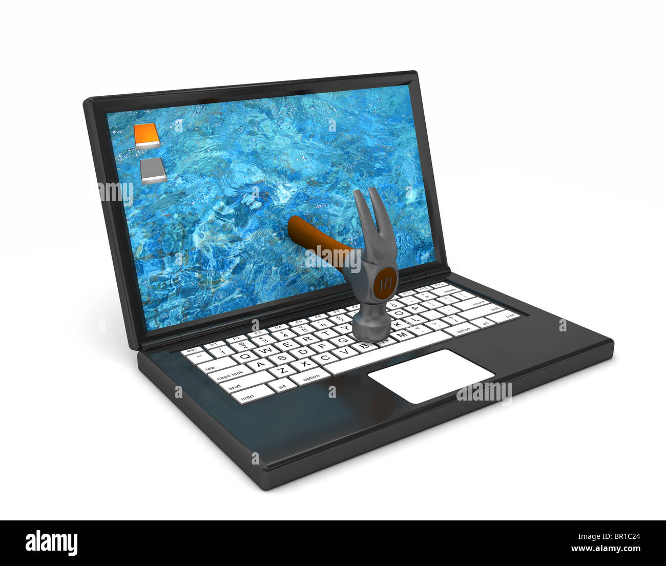 Laptop computer with a hammer protruding out of the screen hammering ...