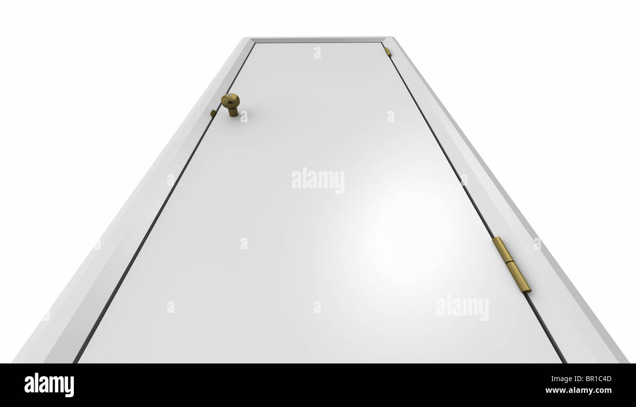 A look from the bottom up at a very tall white door isolated on white ...