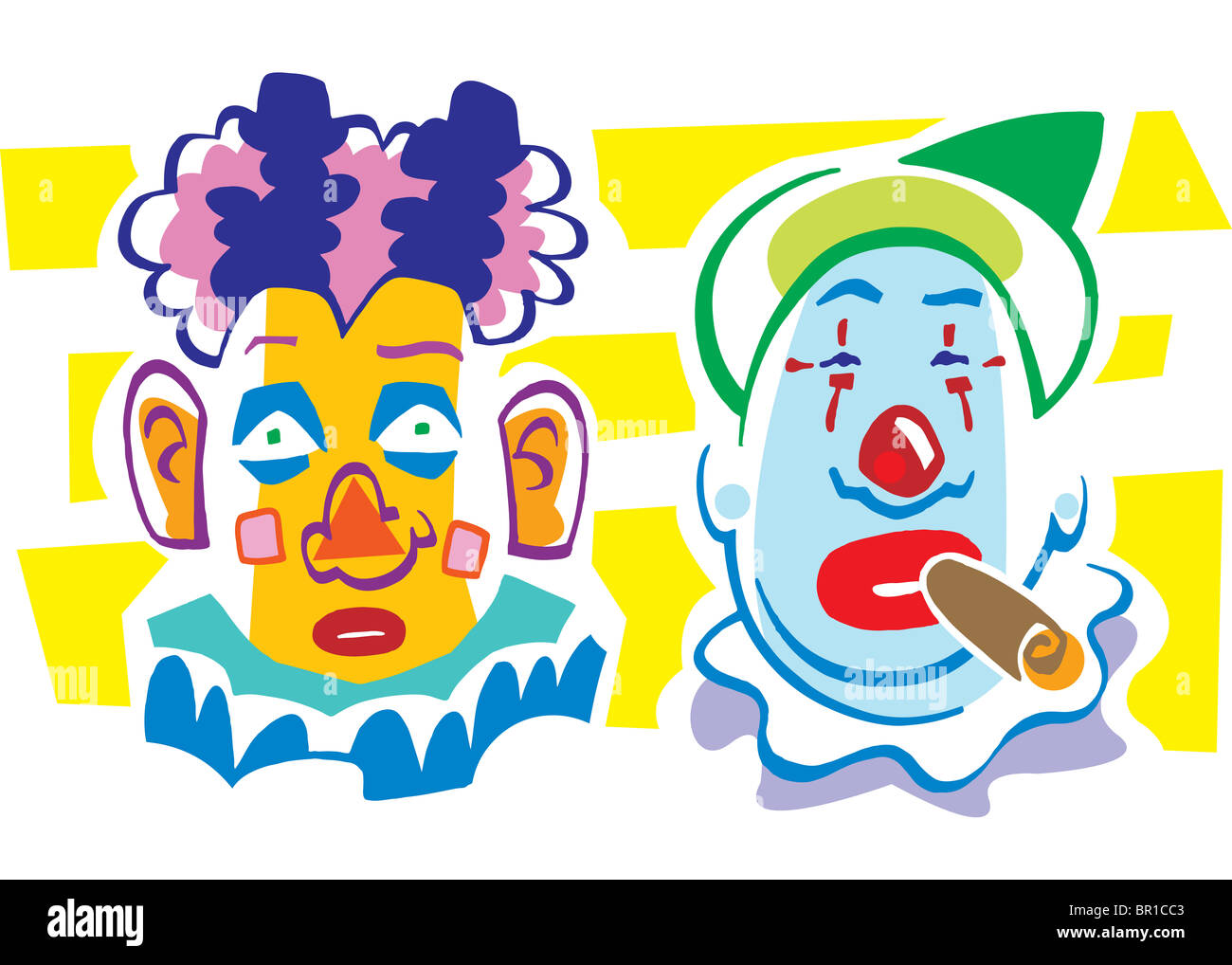 Two colorful clowns with painted faces, one smoking a cigar Stock Photo ...