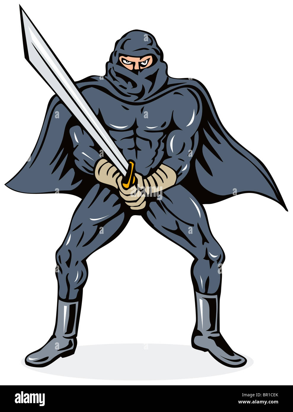 illustration of a superhero with big sword and mask in attacking stance ...