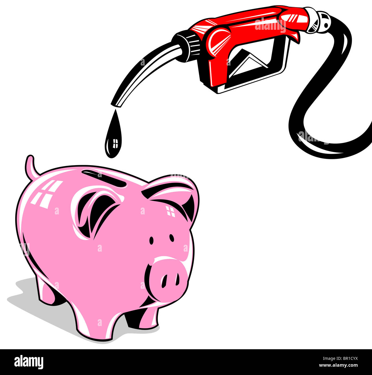 illustration of a pink piggy bank with gasoline fuel pump nozzle ...