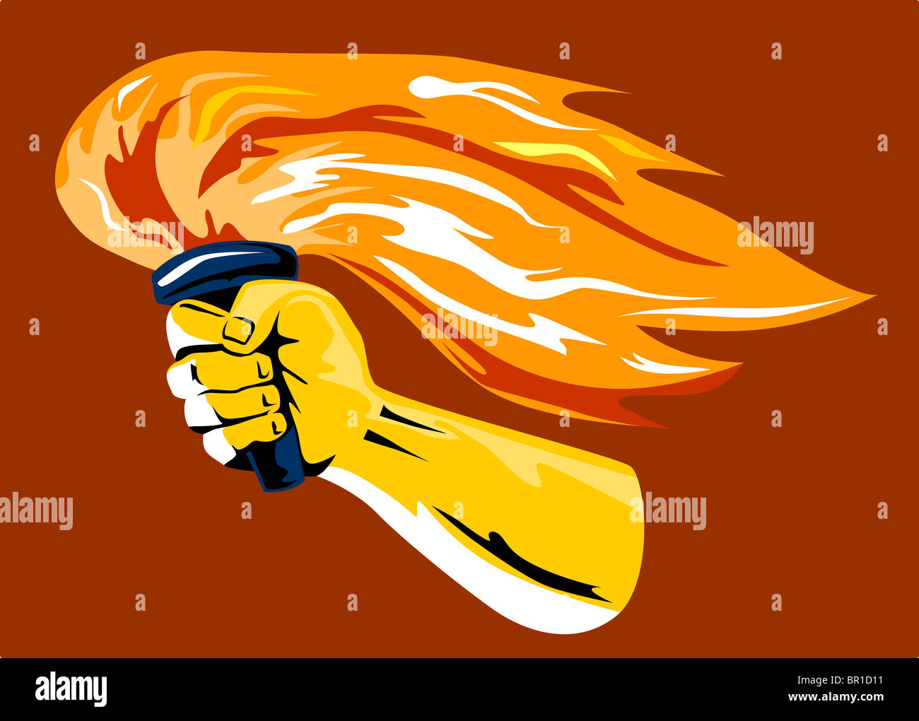 retro style illustration of a hand holding a burning flaming torch on ...