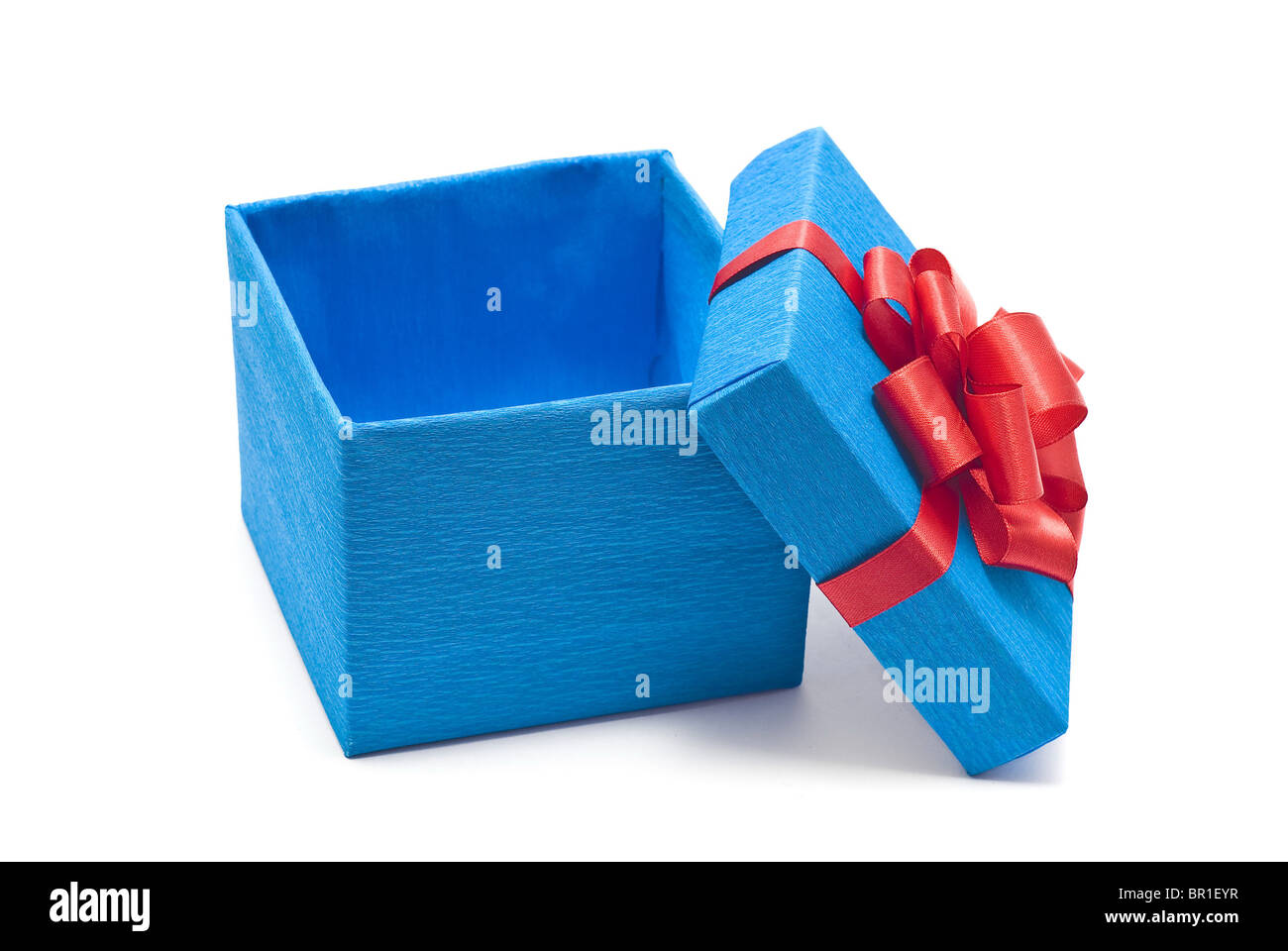 Open blue gift box with red bow Stock Photo - Alamy