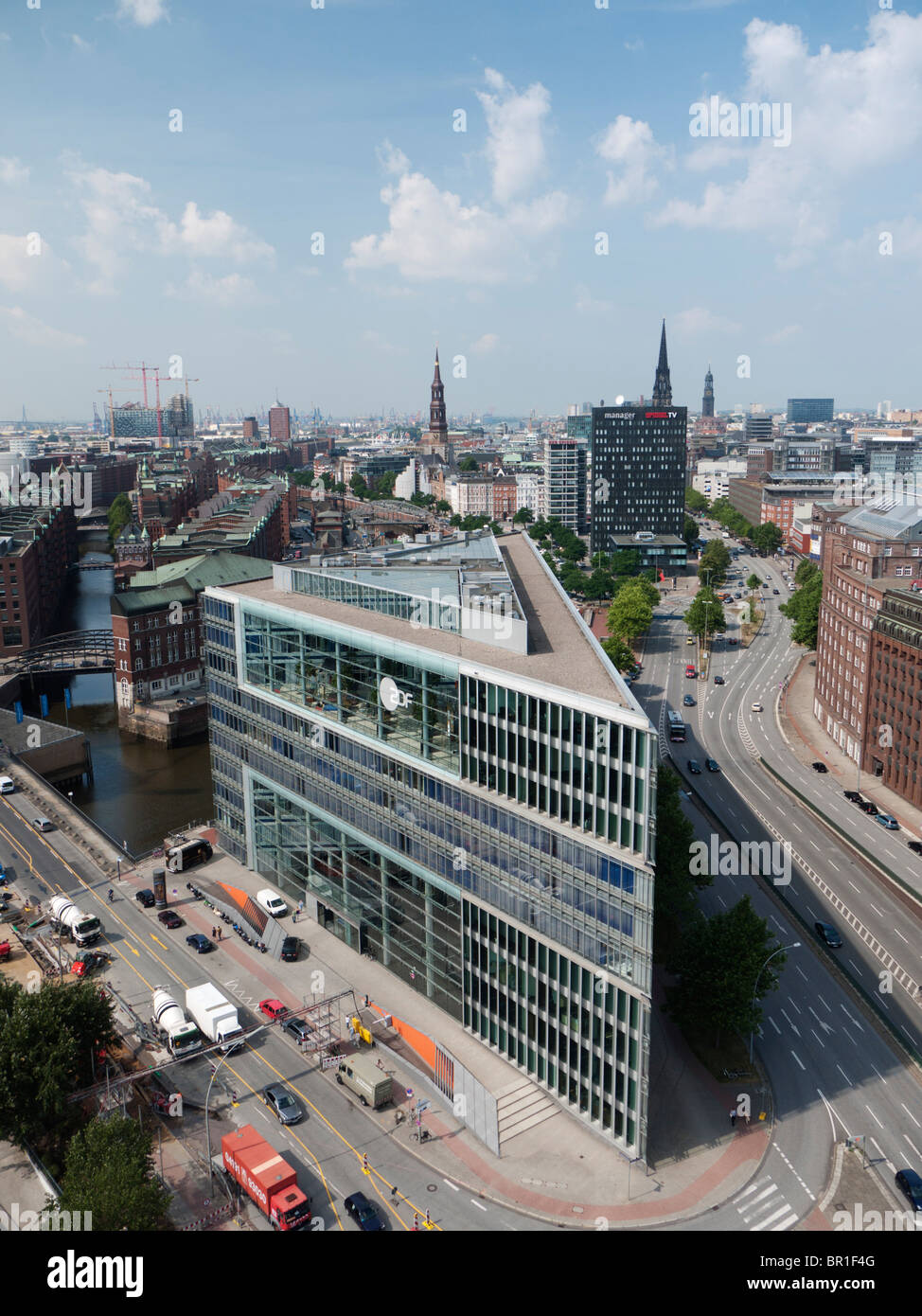 Aerial view of modern architecture of office building in Hafencity ...