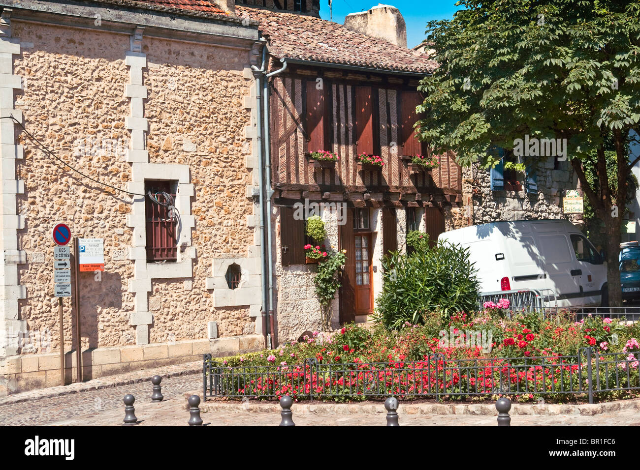 Street scene in the old quarter of Bergerac, Fance, with medieval half ...