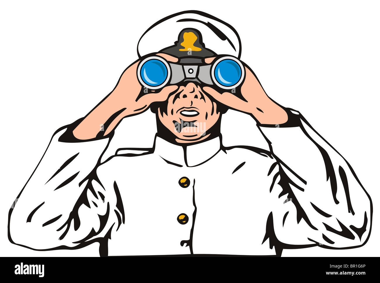 illustration of a navy ship captain looking with binoculars facing ...