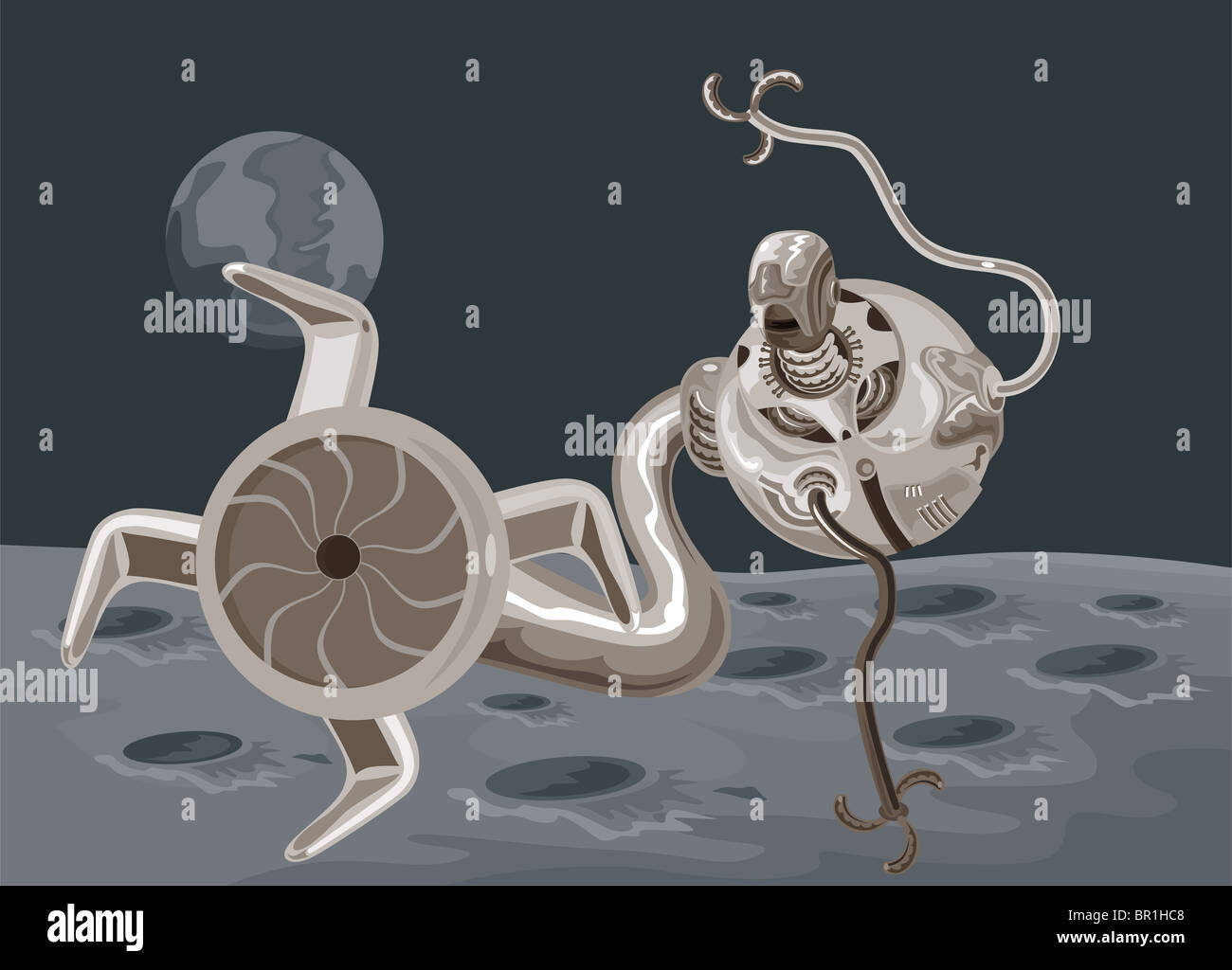 alien robot with long limbs reaching out with moon crater and planet ...