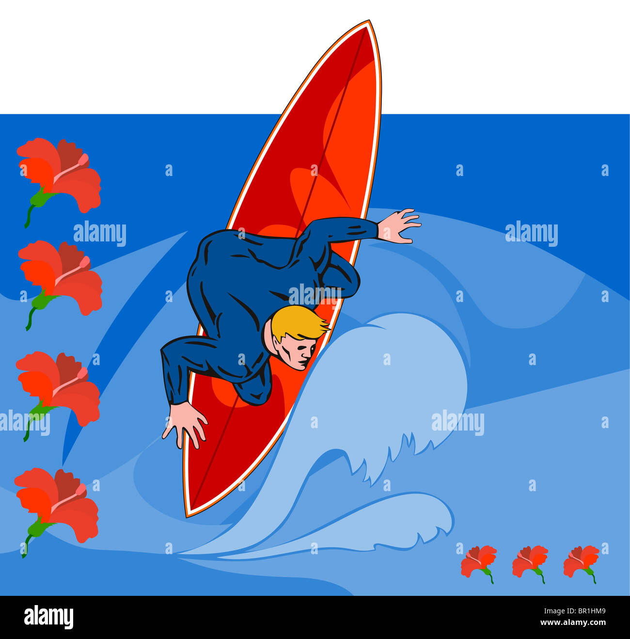 illustration of a surfboard surfer surfing big waves with hibiscus ...