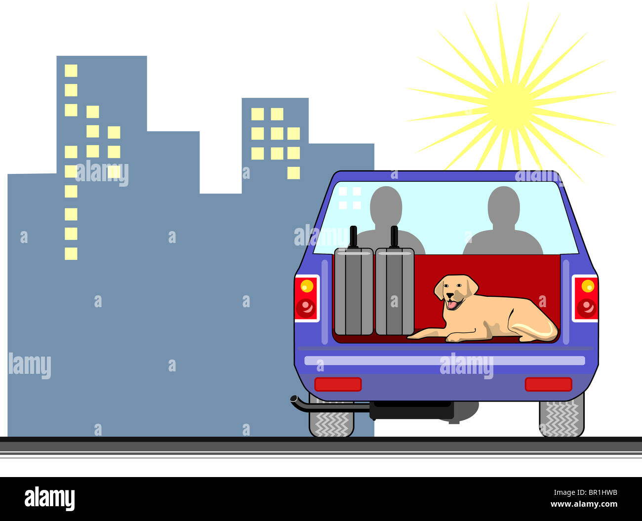 pick-up truck rear view with dog luggage at back and building city ...