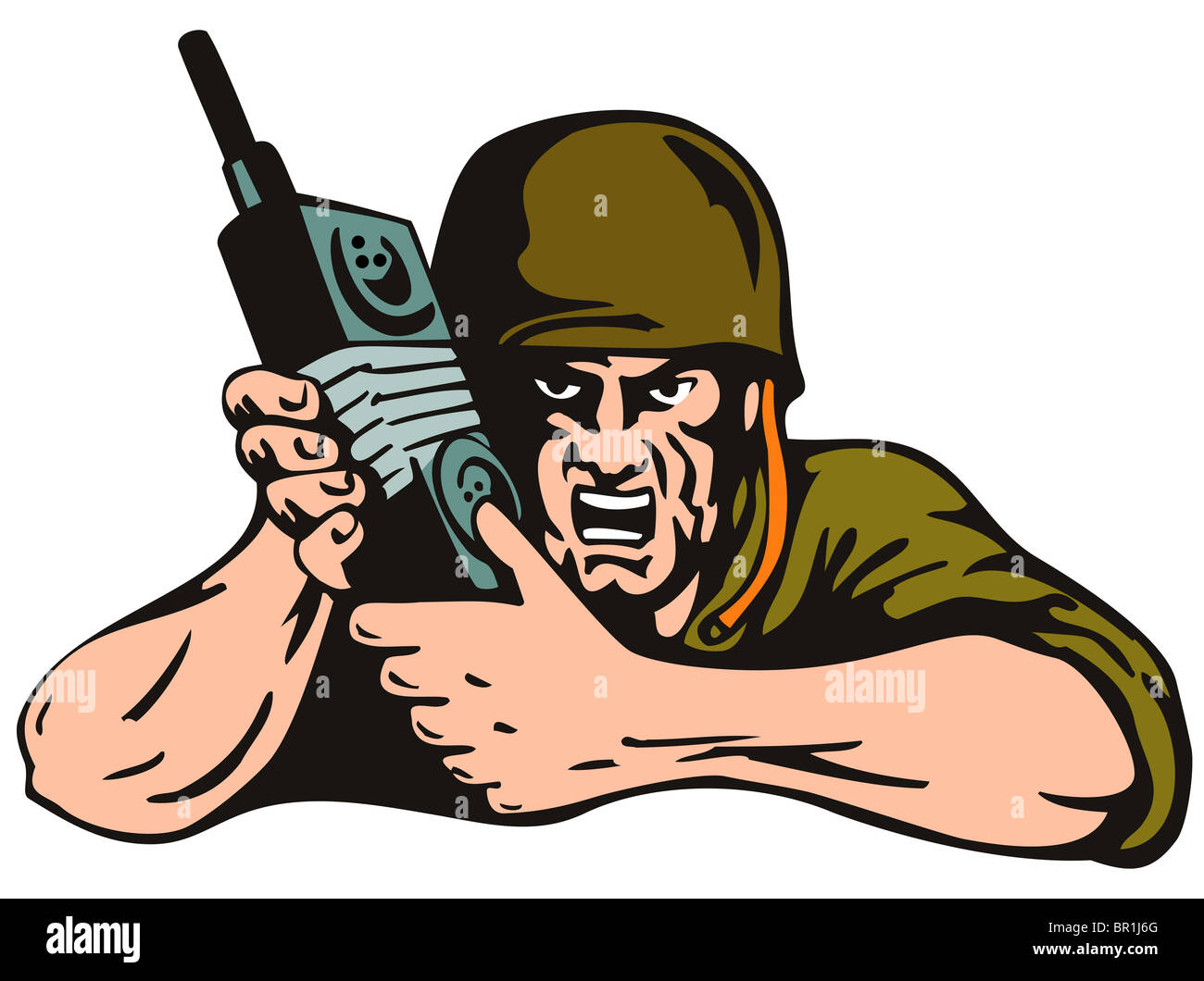 American word war two solider talking to radio walkie-talkie facing ...