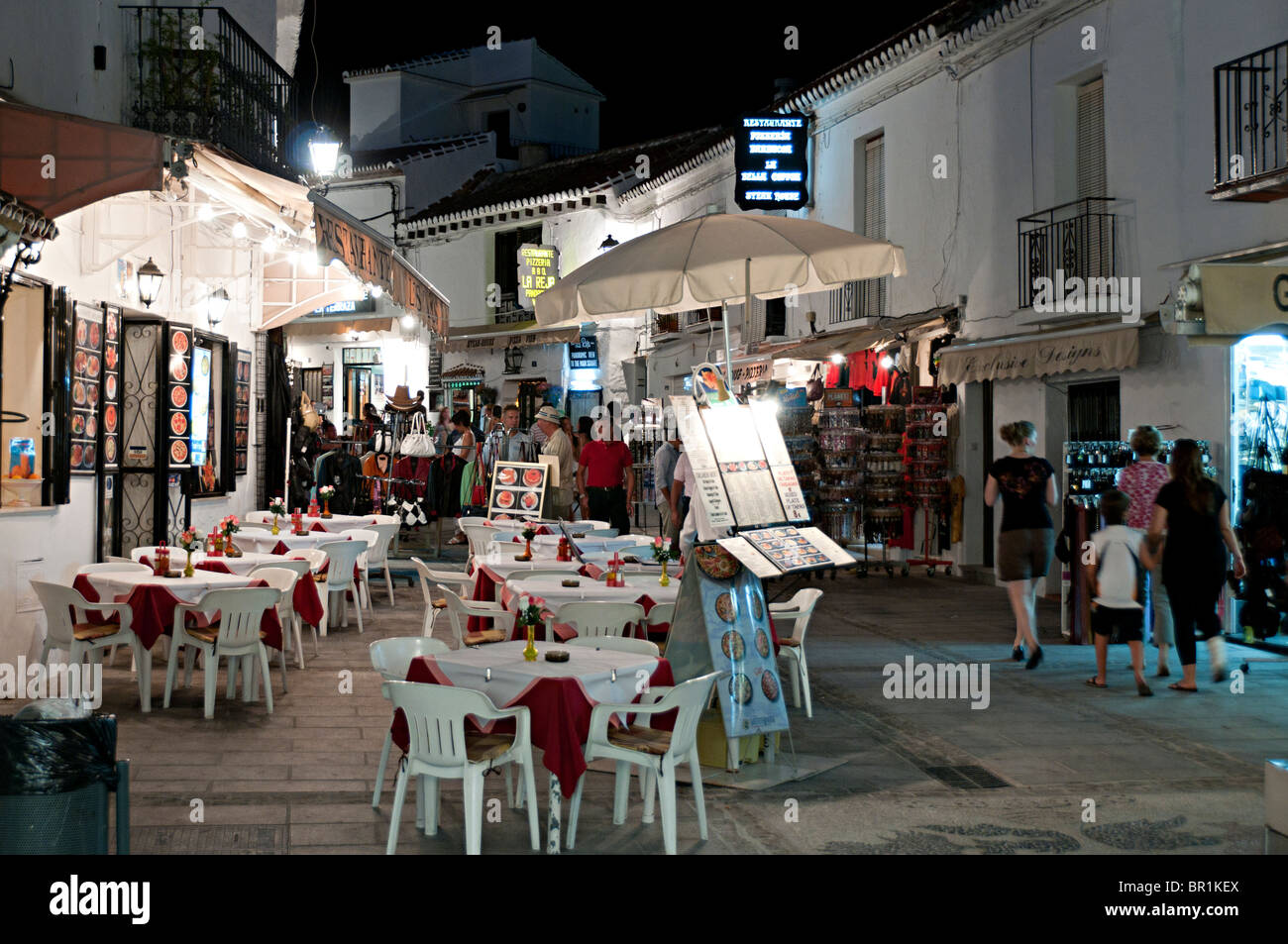 mijas spain streets with restaurants in town Stock Photo - Alamy