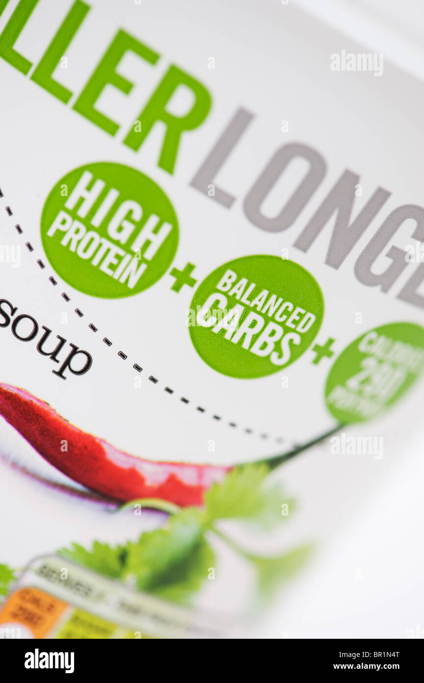 High protein, Balanced carbs, food label packaging Stock Photo - Alamy