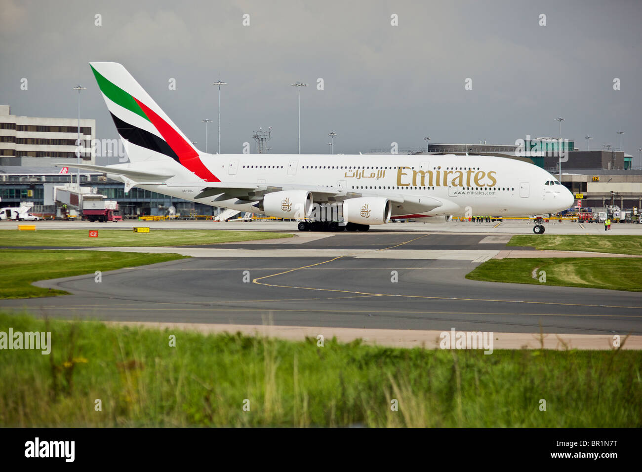 Emirates airline Airbus A380 arrives at Manchester airport Stock Photo ...