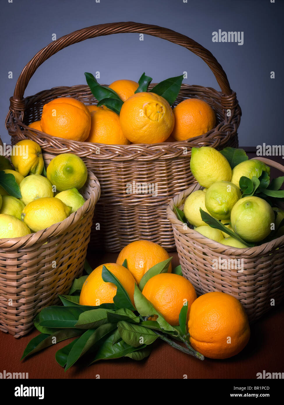 Baskets full of citrus fruits after the harvest Stock Photo - Alamy