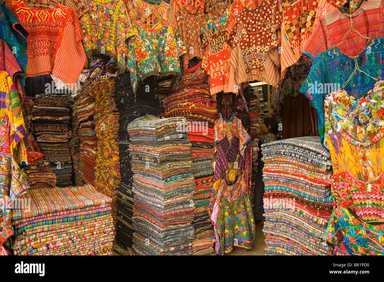 Authentic and colorful textiles in shopping both, Antigua, Guatemala ...
