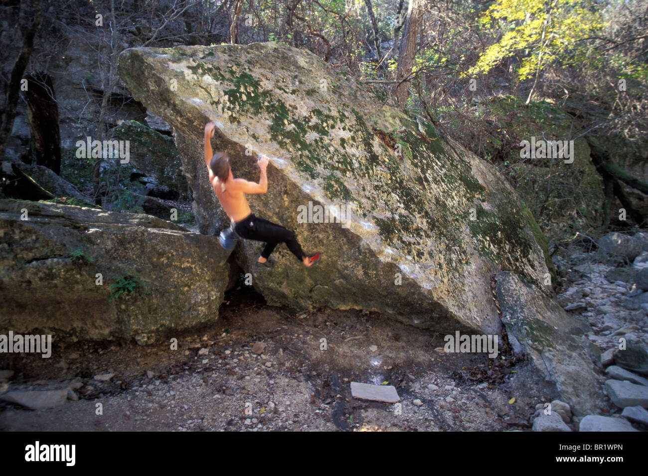 Climber bouldering on an overhang in Austin, Texas Stock Photo - Alamy